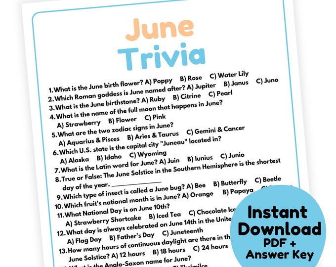 June Trivia Game | Month Trivia Game Printable | Summer Trivia Game ...