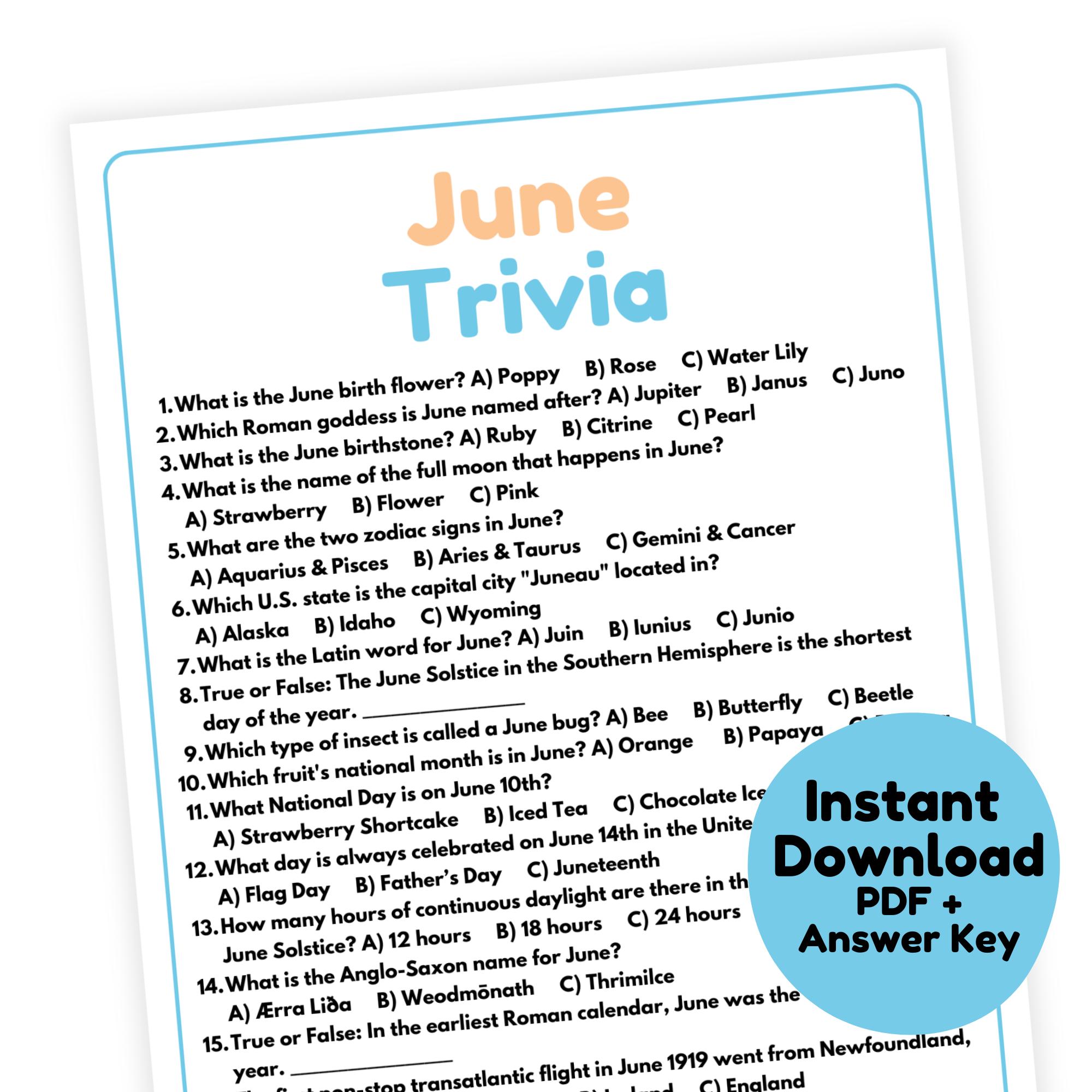 June Trivia Game | Month Trivia Game Printable | Summer Trivia Game ...