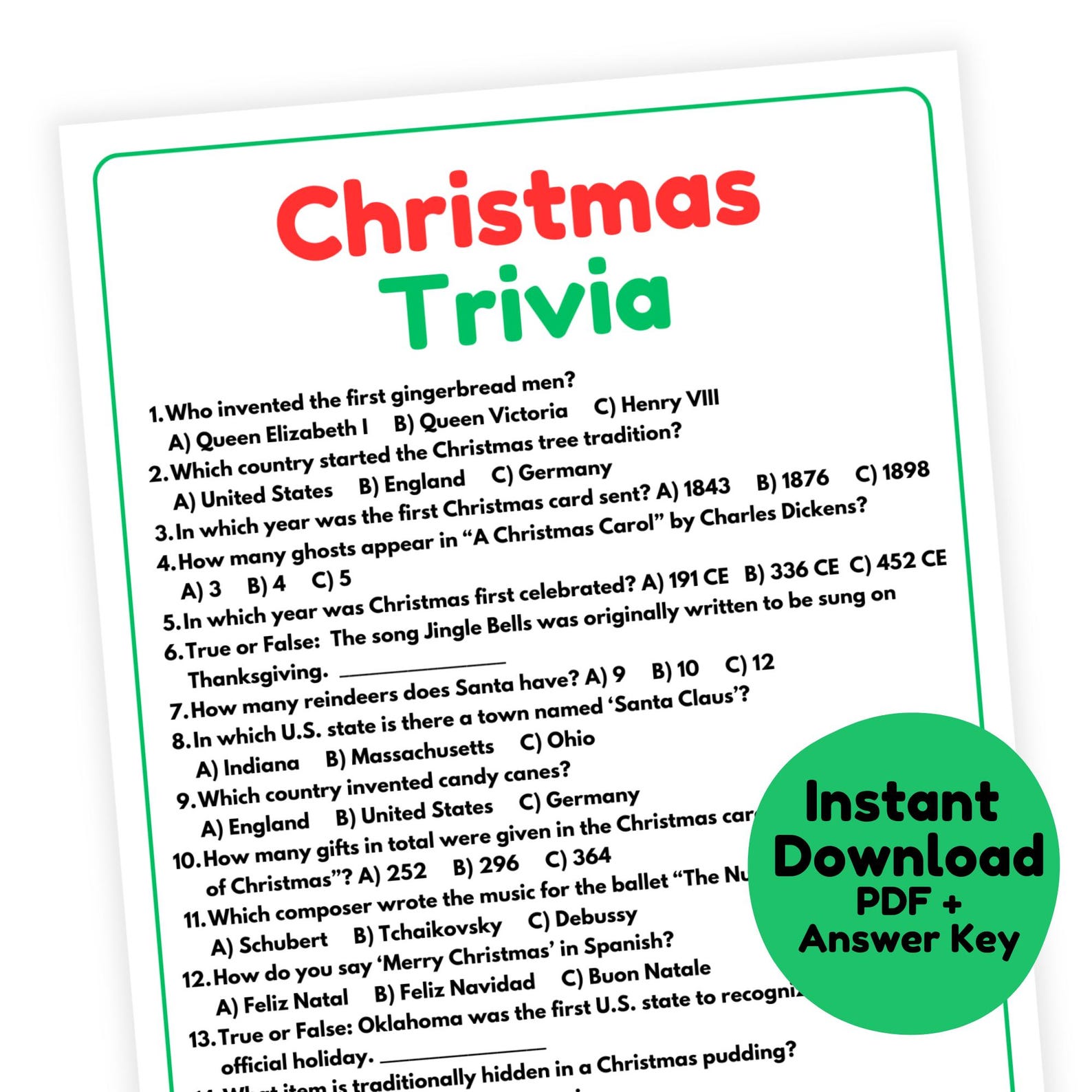 Christmas Trivia Game Christmas Game Printable Christmas Party Game for ...