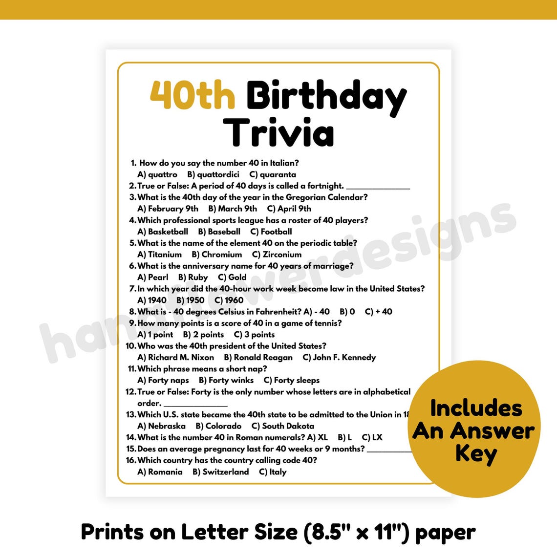 40th Birthday Trivia Game 40th Birthday Game Printable 40th Birthday ...