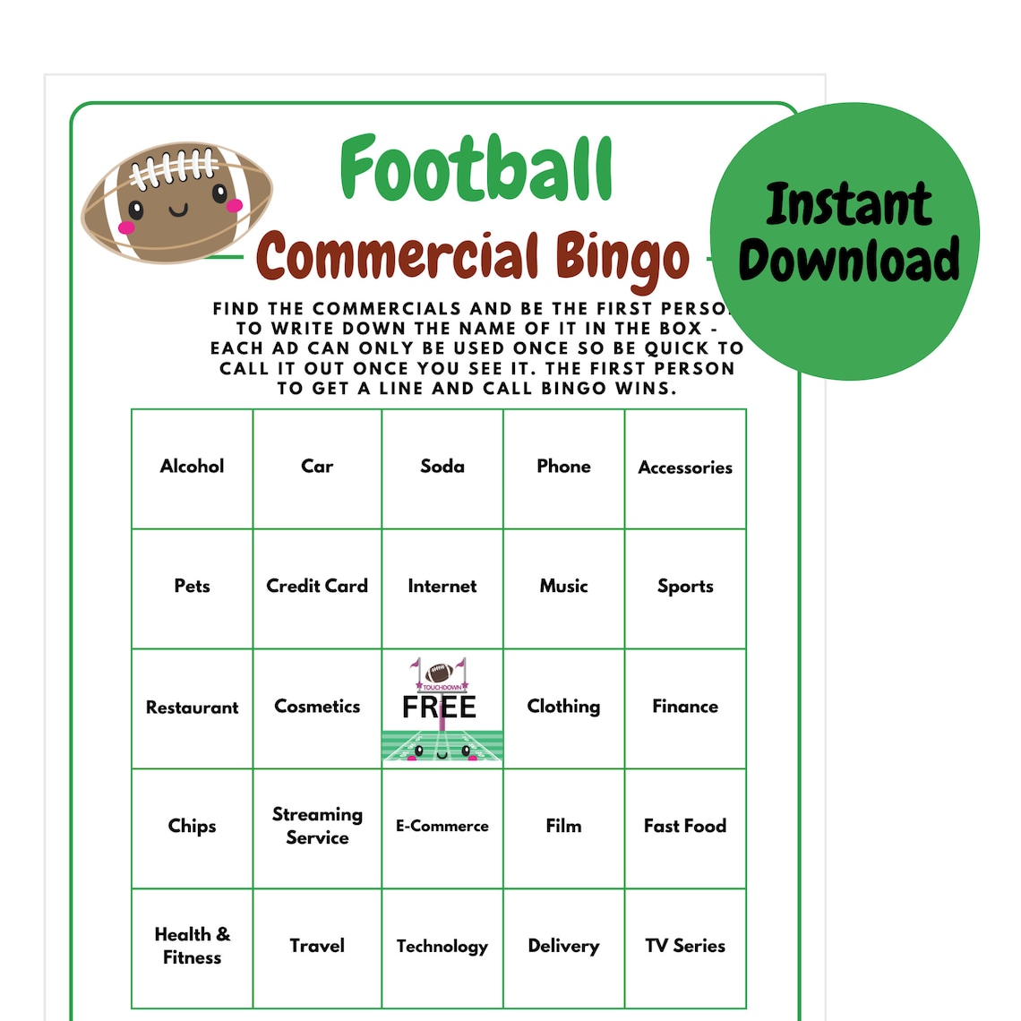 Football Bingo Game Football Party Games Football Games Printable ...