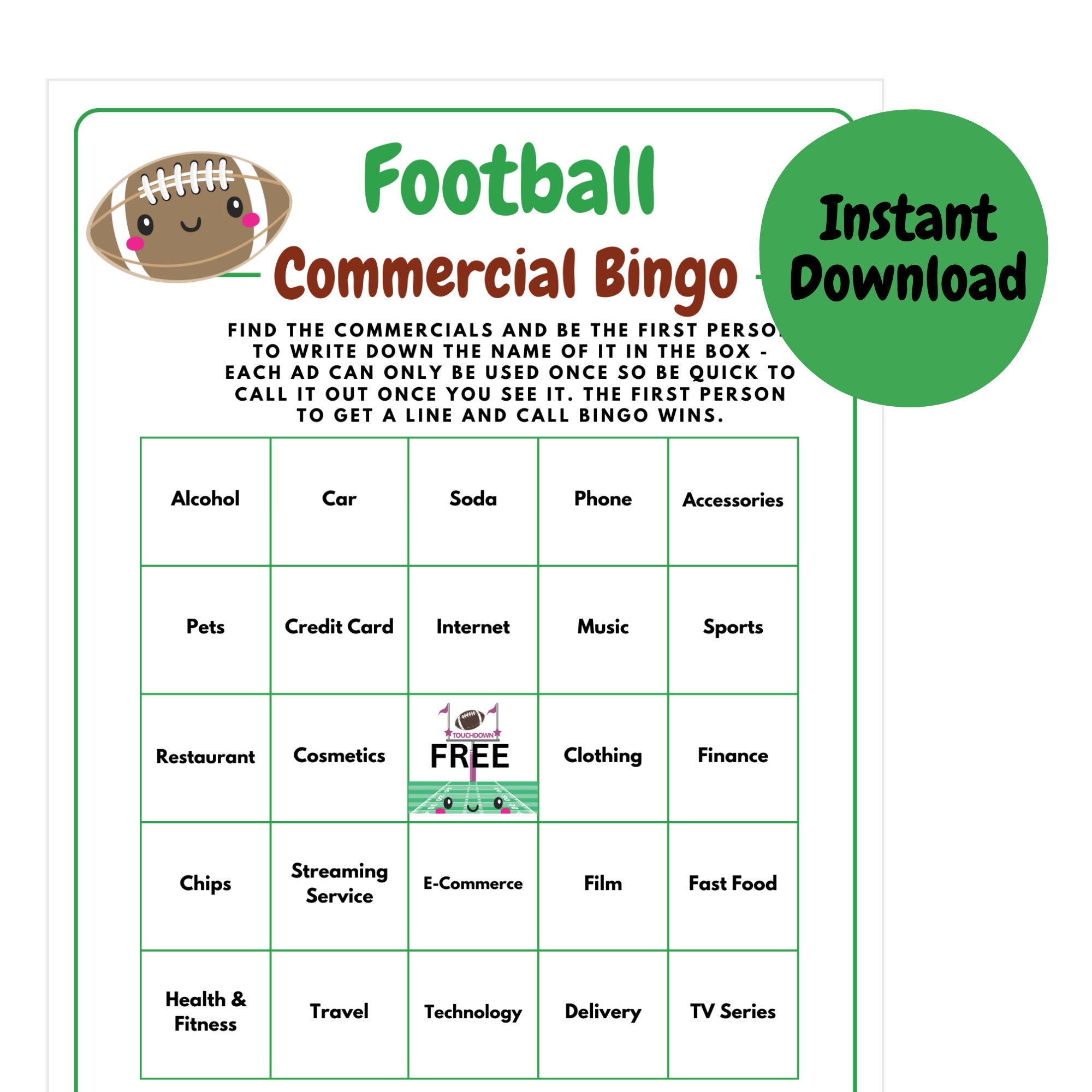 Football Bingo Game Football Party Games Football Games Printable ...