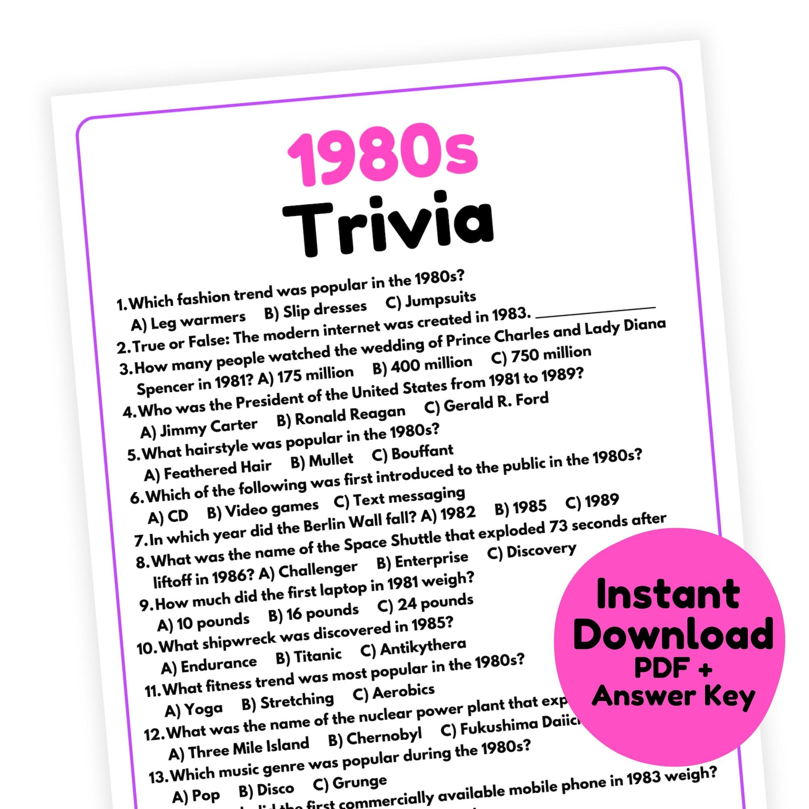 1980s Trivia Game | 1980s Game Printable | 1980s Party Game for Adults ...