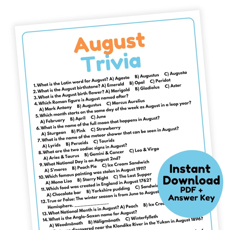 August Trivia Game | August Game Printable | Summer Trivia Game ...