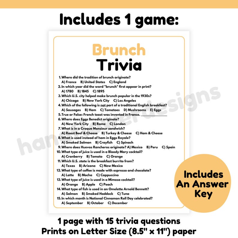 Brunch Trivia Game | Brunch Game Printable | Brunch Bridal Shower Game ...