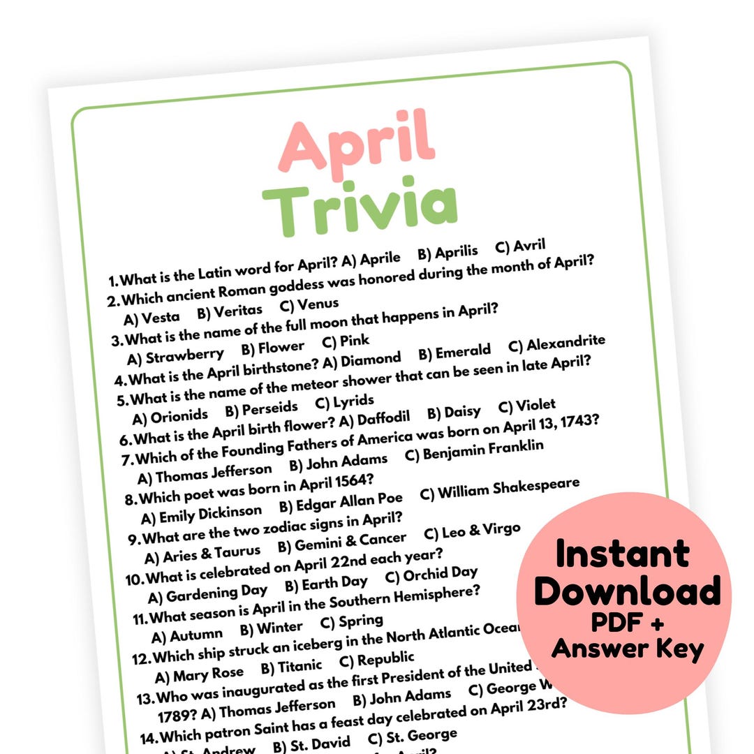 April Trivia Game | Month Trivia Game Printable | Spring Trivia Game ...