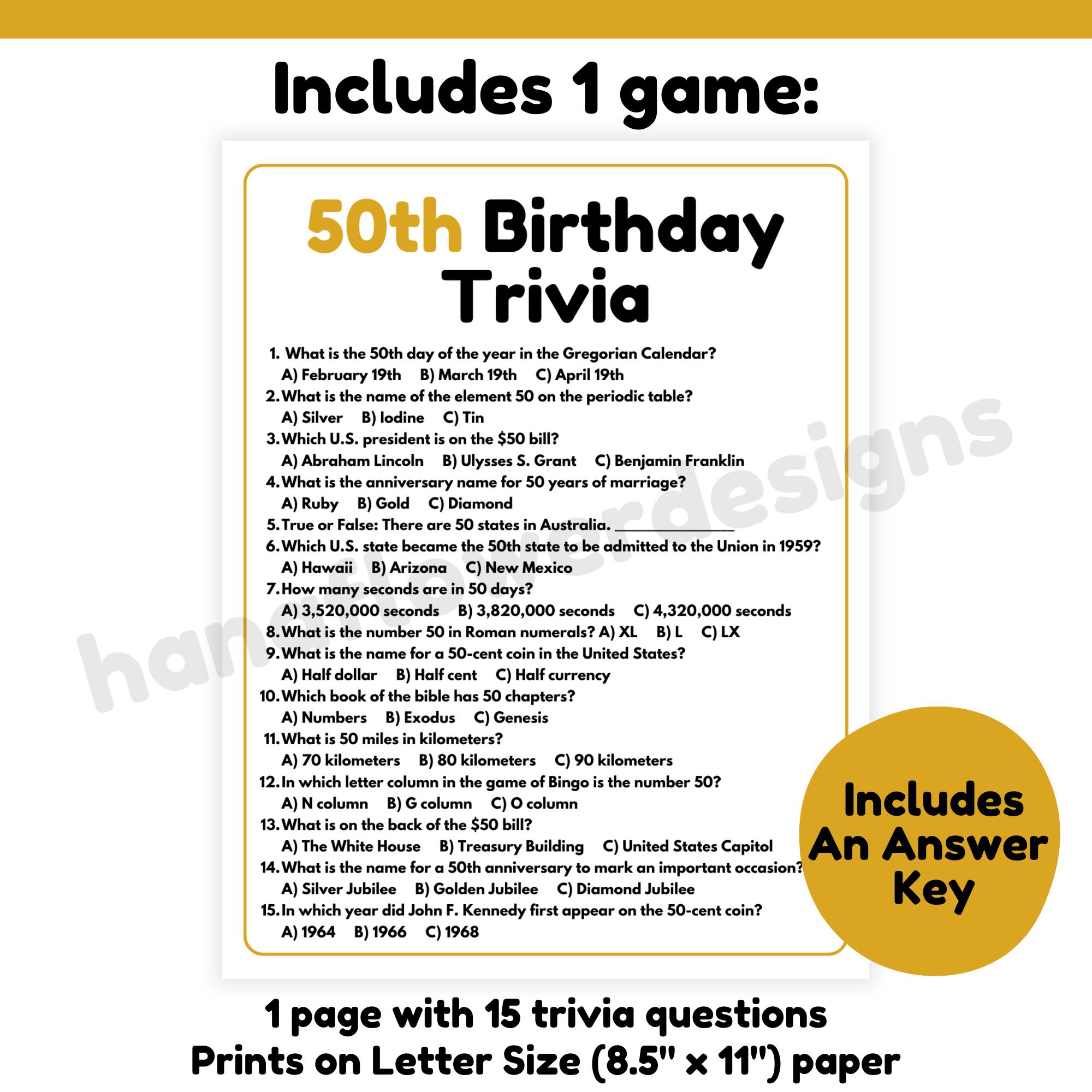 50th Birthday Trivia Game | 50th Birthday Game Printable | 50th Birthday Party Game for Adults ...