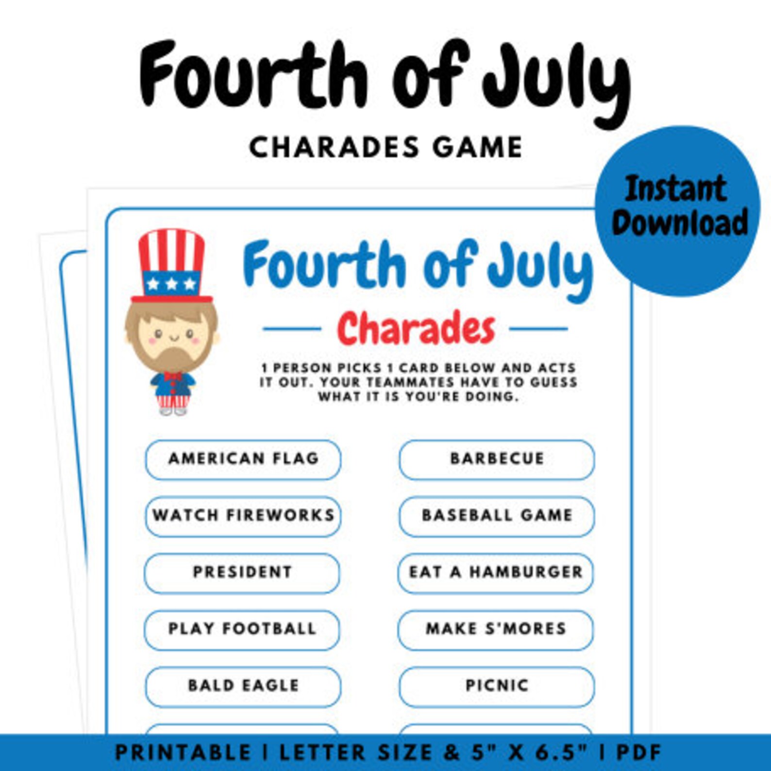 Fourth of July Charades Printable Party Game for Adults and Kids - Etsy