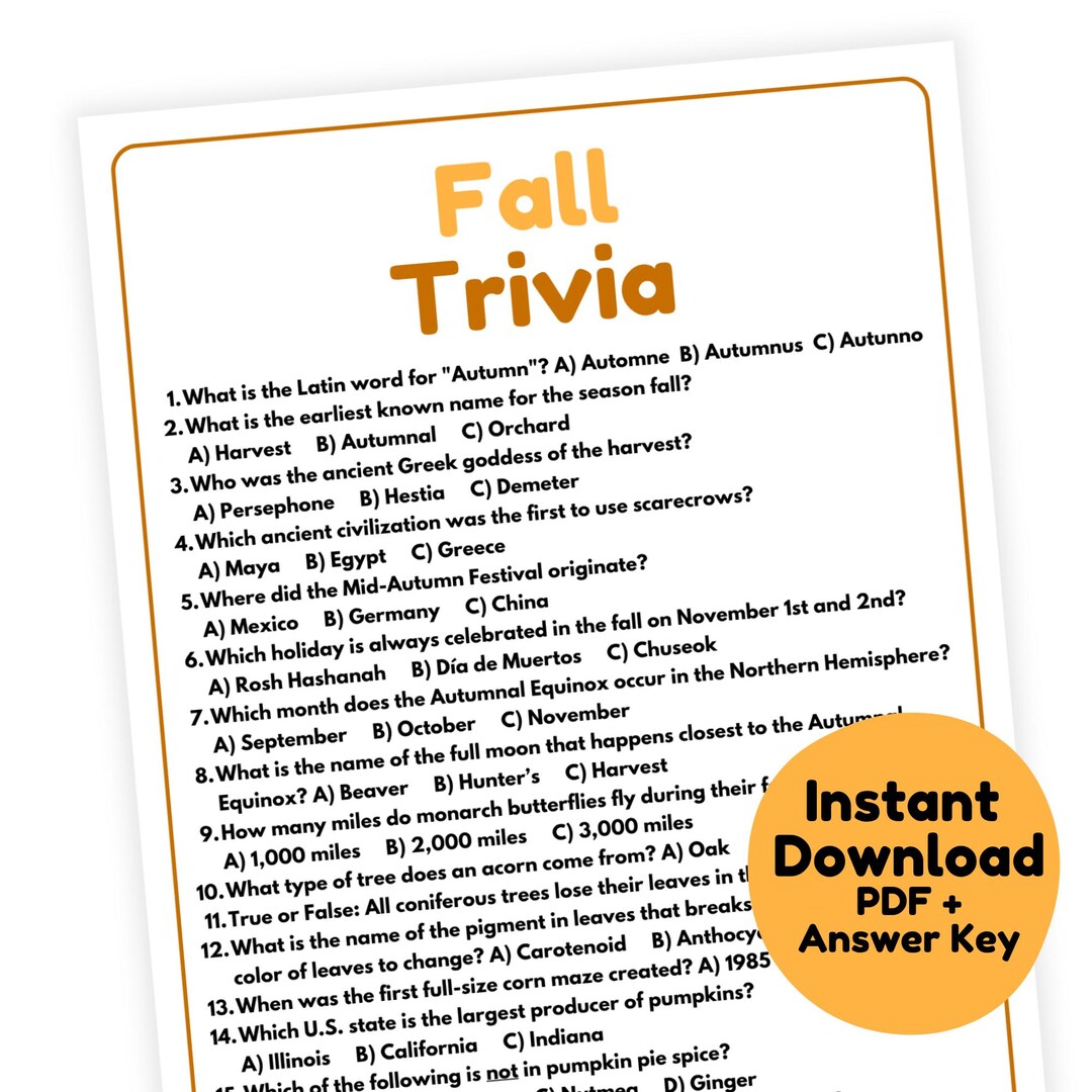 Fall Trivia Game | Fall Game Printable | Fall Party Game for Adults ...