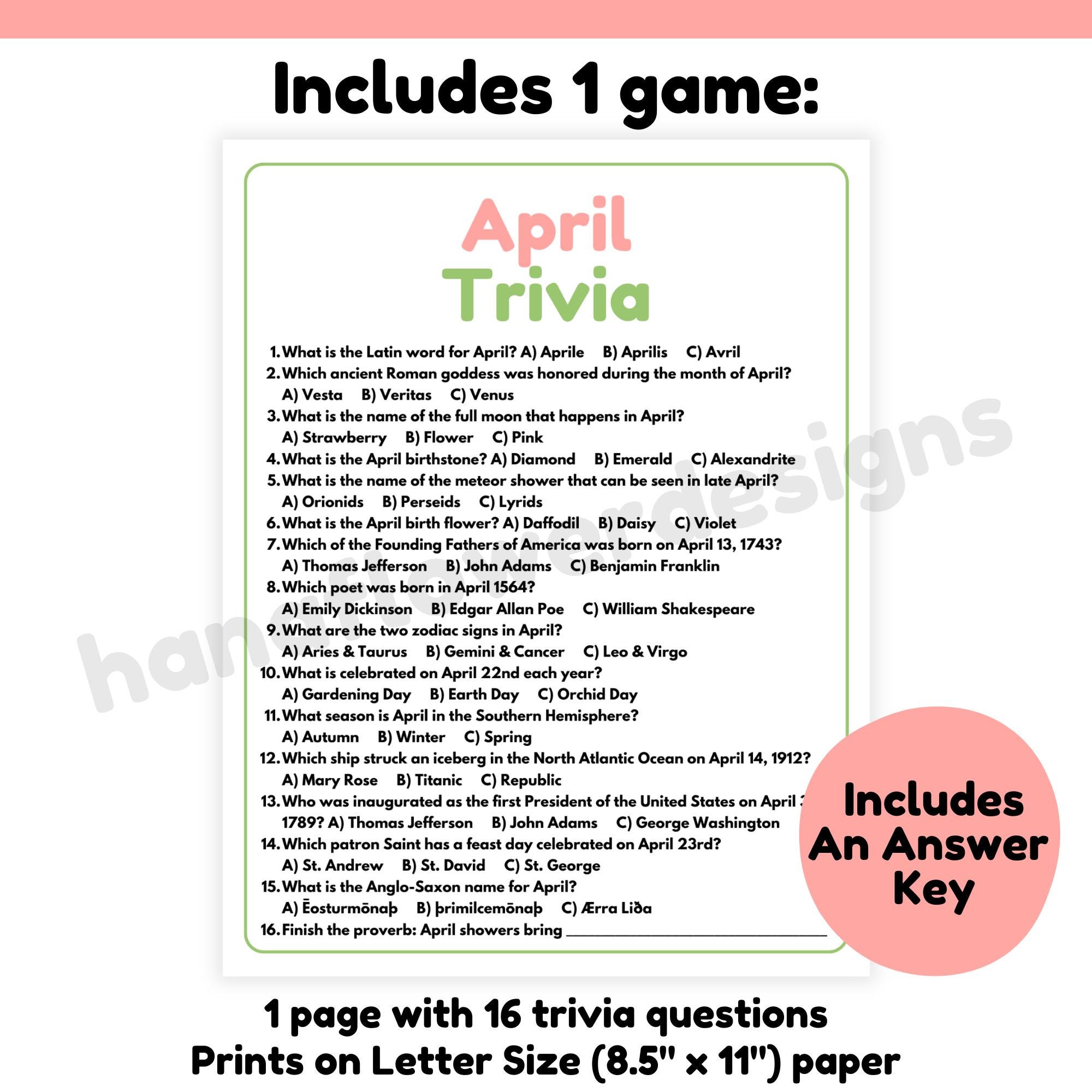 April Trivia Game | Month Trivia Game Printable | Spring Trivia Game ...