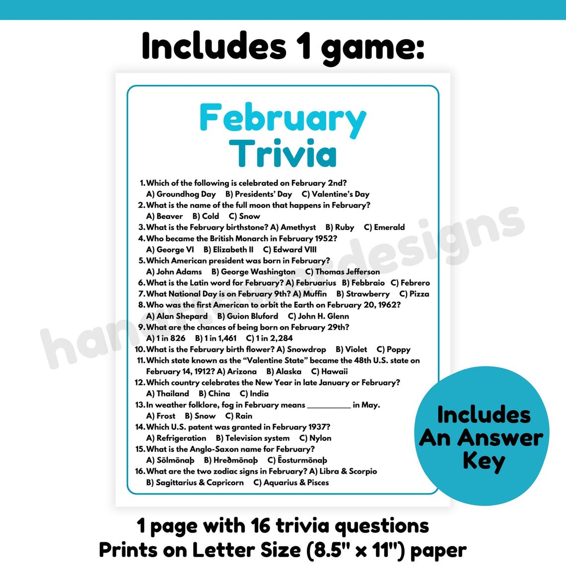 February Trivia Game | Month Trivia Game Printable | Winter Trivia Game ...