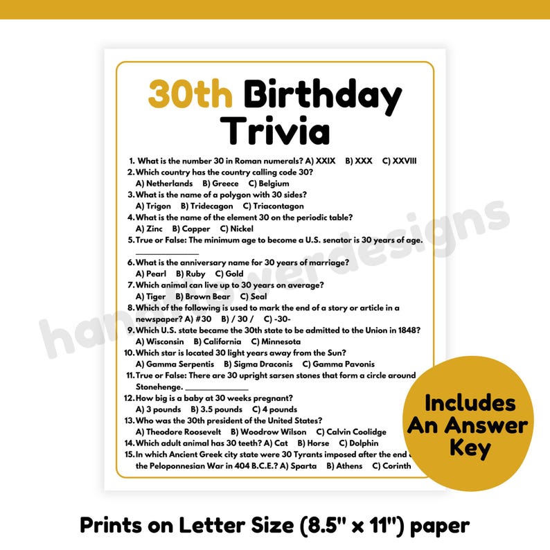 30th Birthday Trivia Game 30th Birthday Game Printable 30th Birthday ...