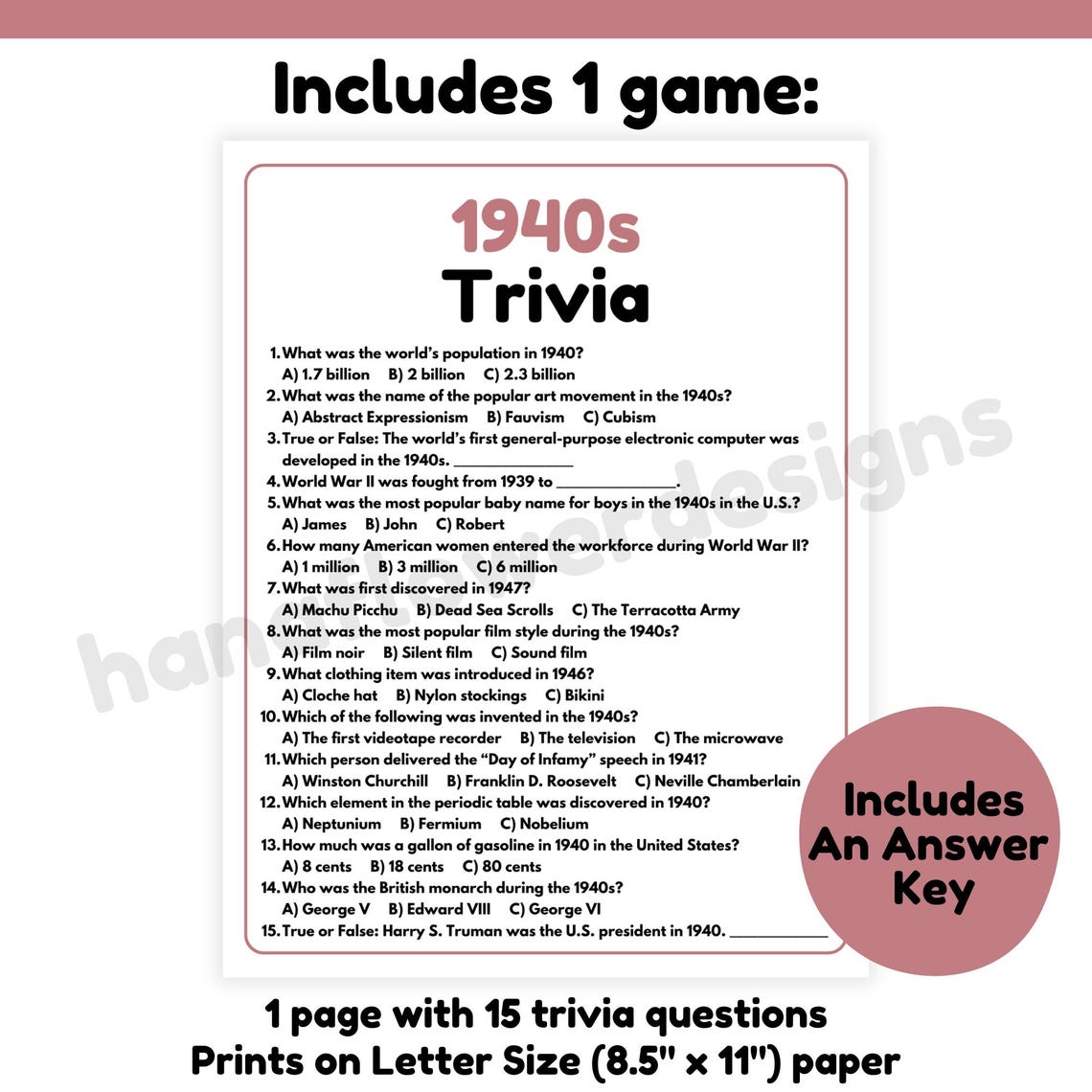 1940s Trivia Game | 1940s Game Printable | 1940s Party Game for Adults ...
