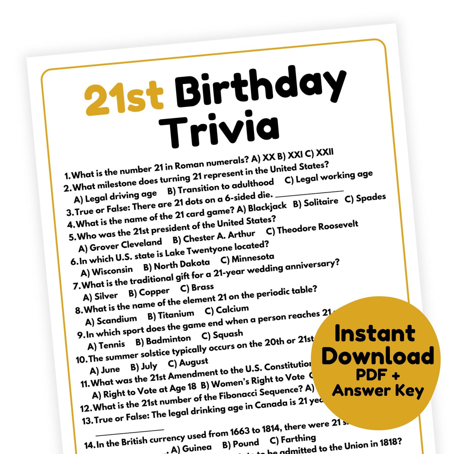 21st Birthday Trivia Game | 21st Birthday Game Printable | 21st ...