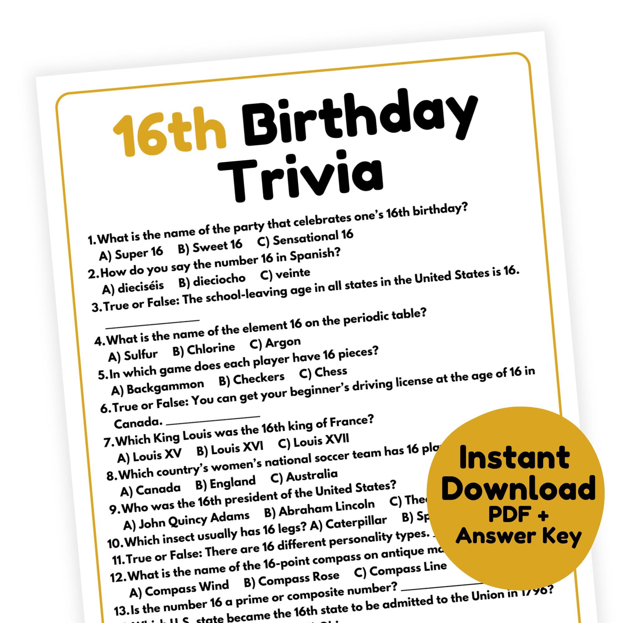 16th Birthday Trivia Game | 16th Birthday Game Printable | 16th ...