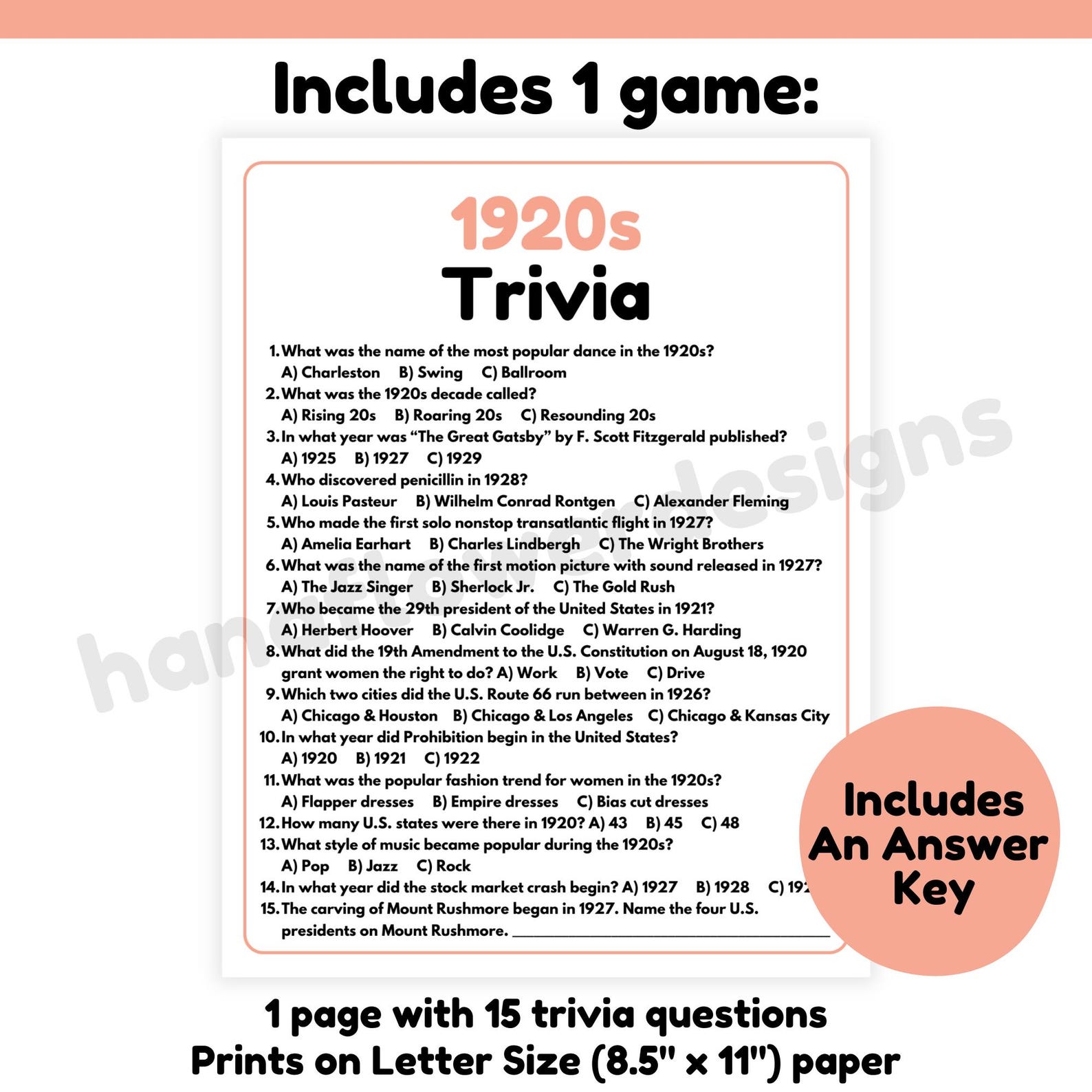 1920s Trivia Game | 1920s Game Printable | 1920s Party Game for Adults ...