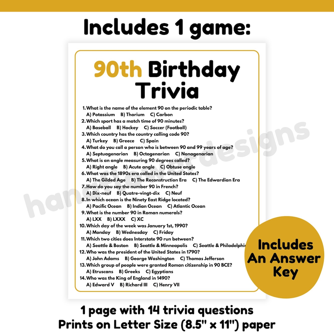 90th Birthday Trivia Game | 90th Birthday Game Printable | 90th ...