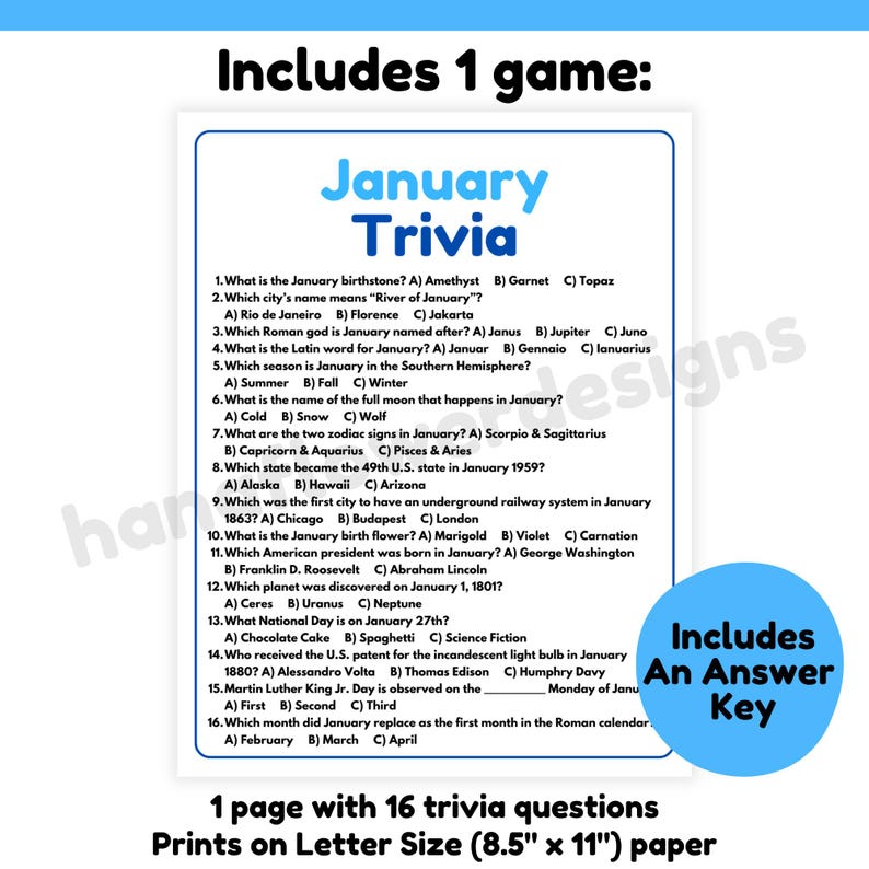 January Trivia Game | Month Trivia Game Printable | Winter Trivia Game ...