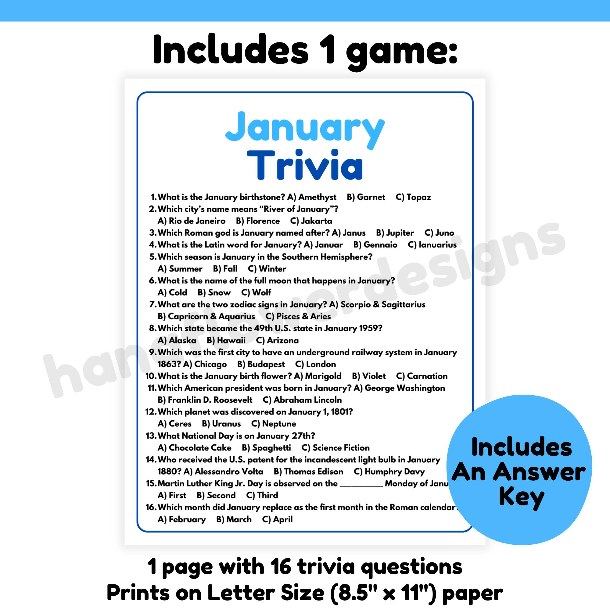 January Trivia Game | Month Trivia Game Printable | Winter Trivia Game ...