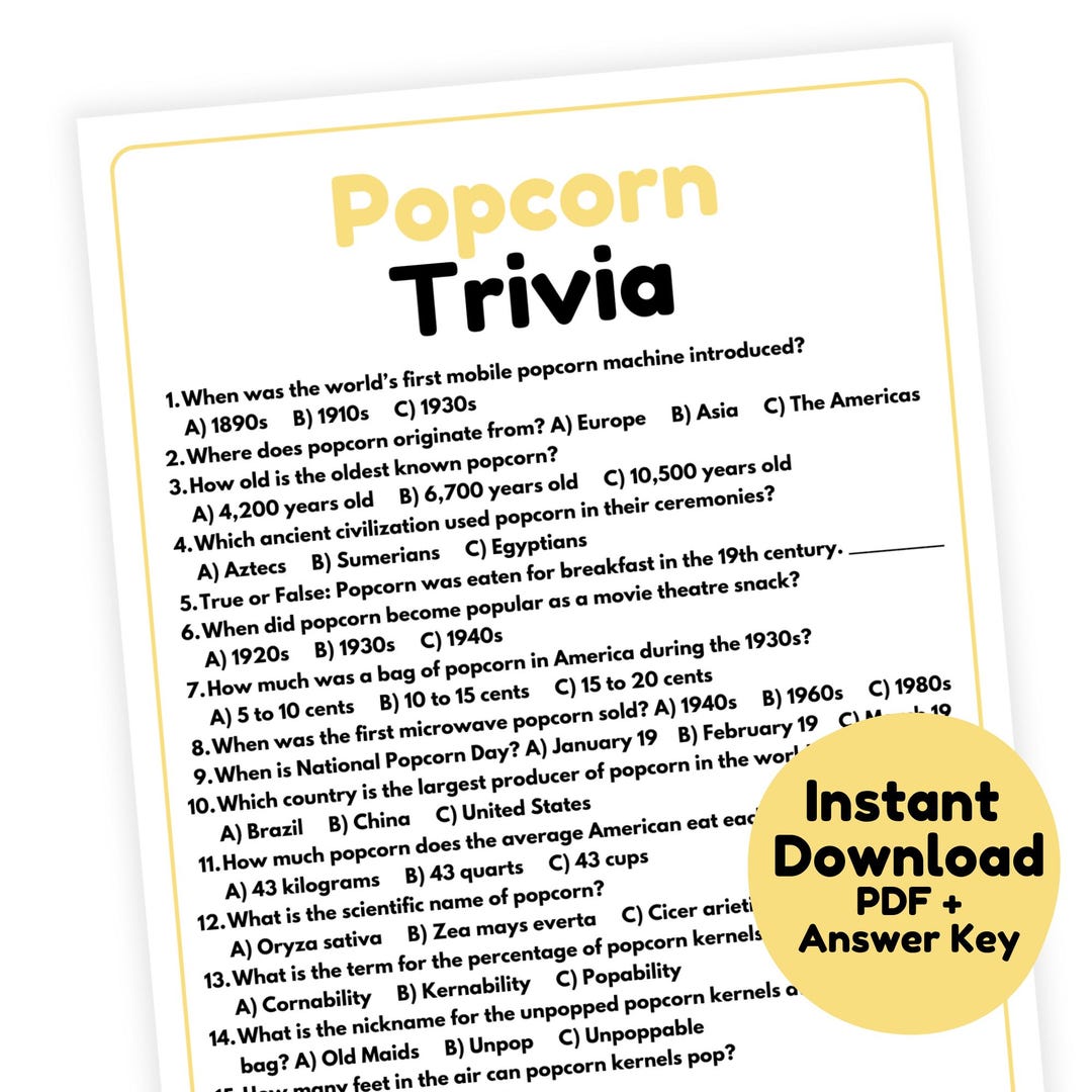 Popcorn Trivia Game | Popcorn Game Printable | Movie Night Game for ...