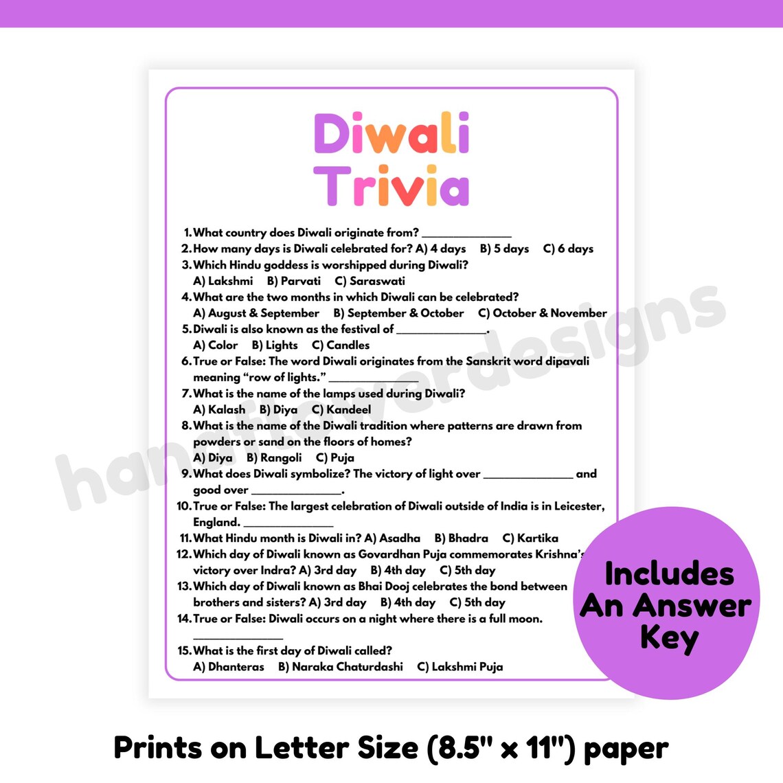 Diwali Trivia Game Diwali Game Printable Diwali Party Game for Adults ...
