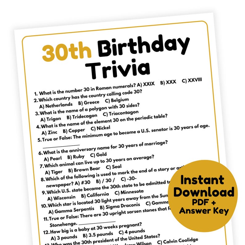 30th Birthday Trivia Game | 30th Birthday Game Printable | 30th ...