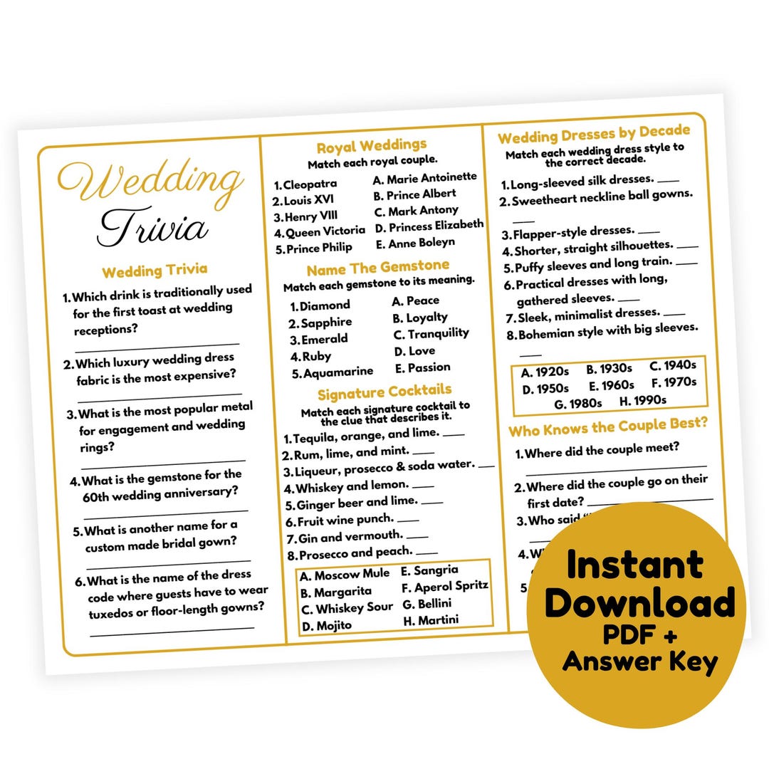 GLAMOROUS Wedding Trivia Game Printable | Wedding Game for Guests ...