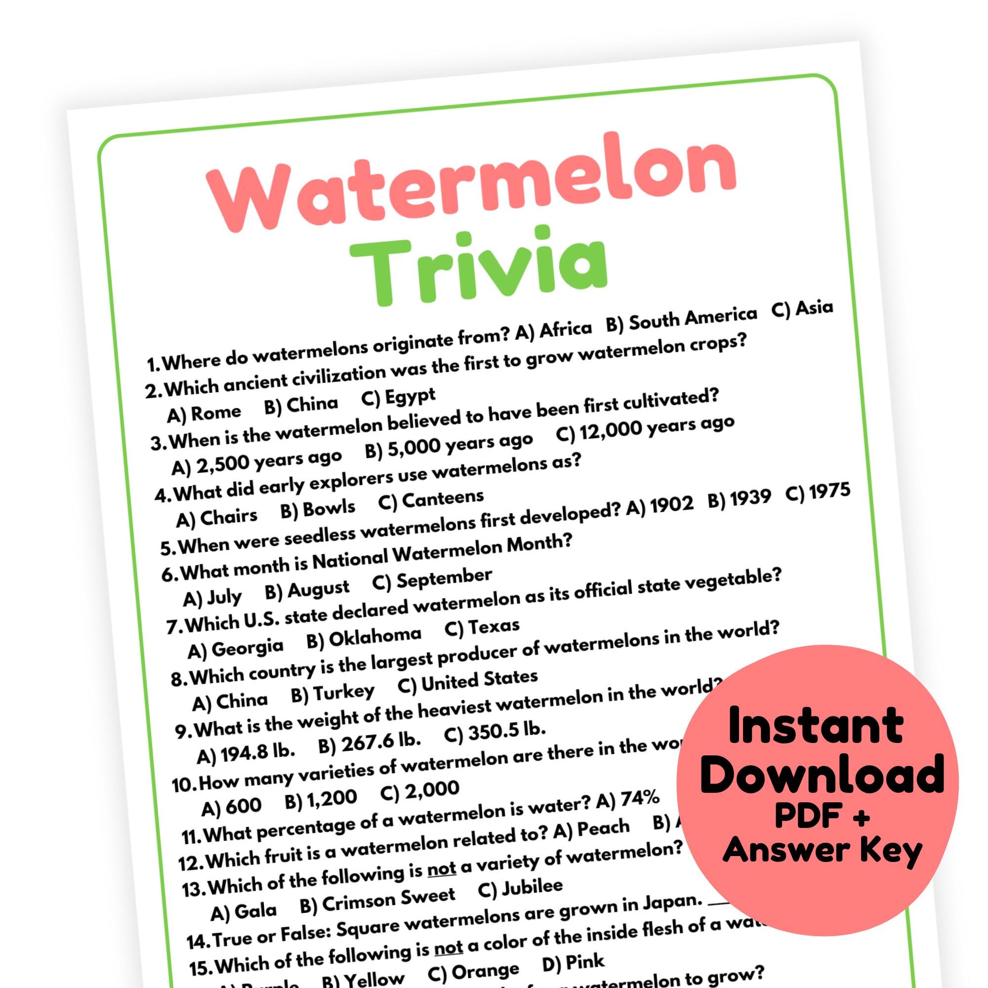 Watermelon Trivia Game | Watermelon Game Printable | Watermelon Baby ...