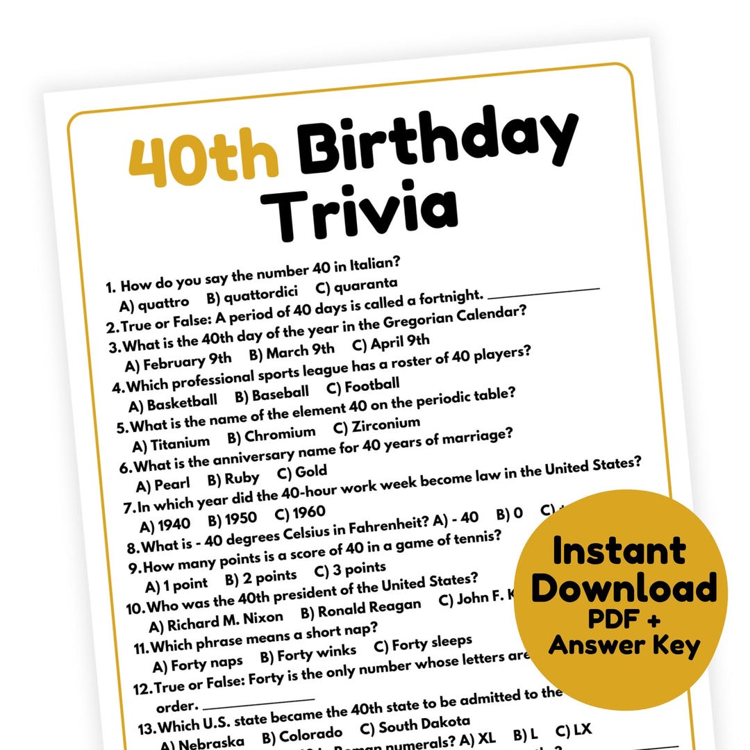 40th Birthday Trivia Game | 40th Birthday Game Printable | 40th ...