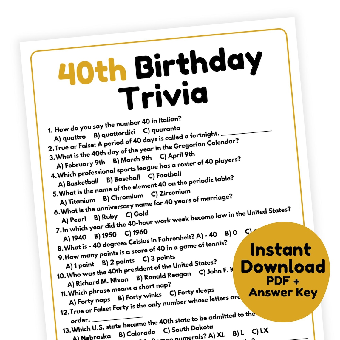 40th Birthday Trivia Game | 40th Birthday Game Printable | 40th ...