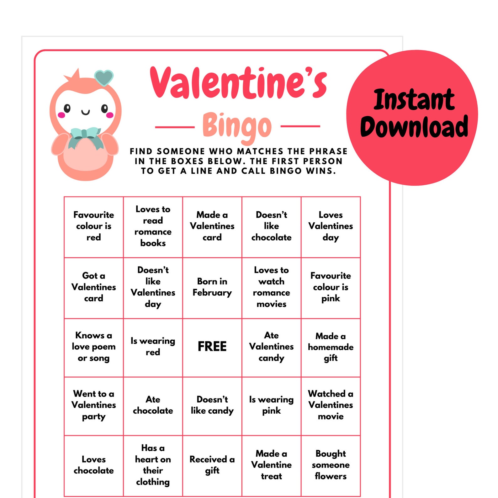 Valentine's Day Bingo Game Valentine's Games Printable Valentine's Day ...