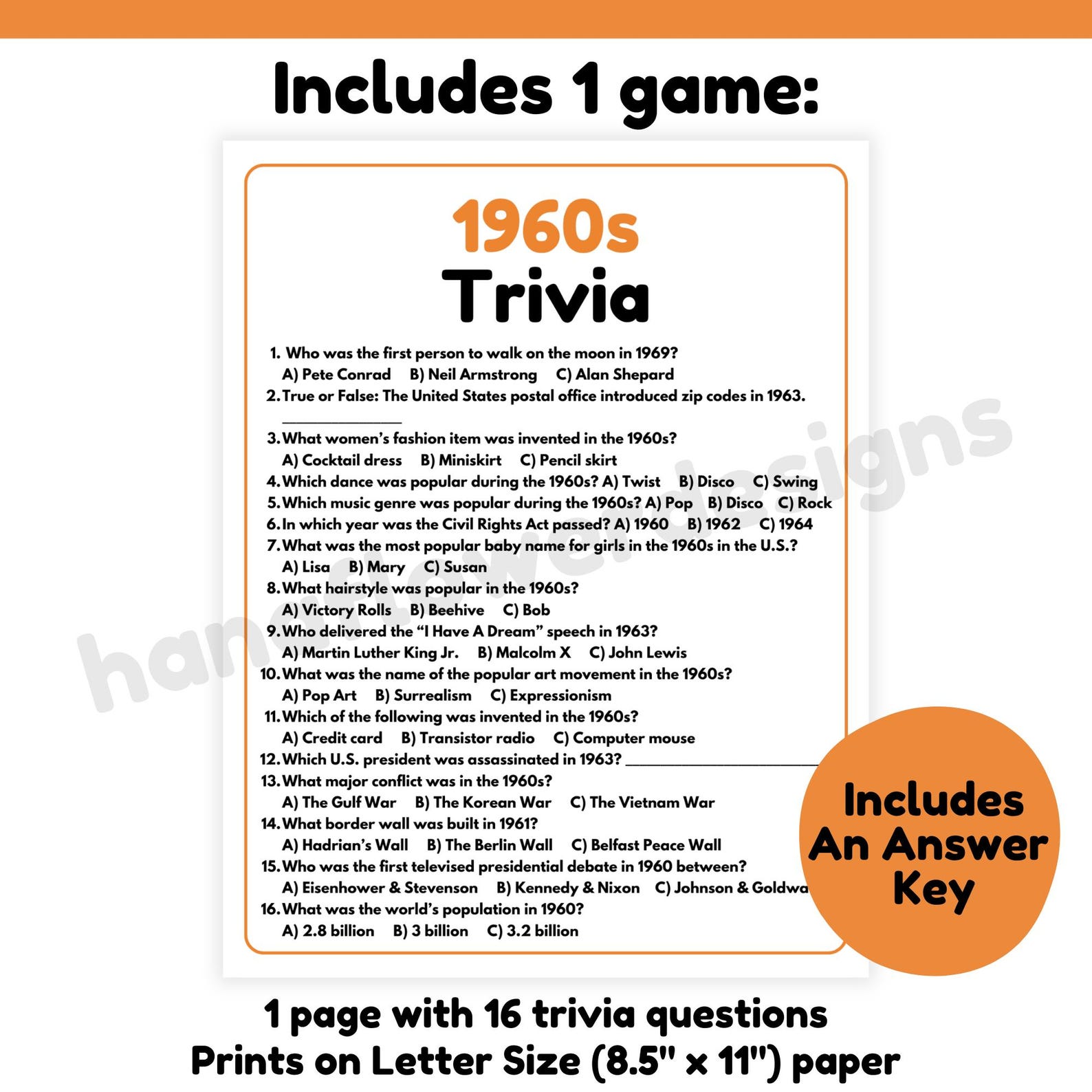 1960s Trivia Game | 1960s Game Printable | 1960s Party Game for Adults ...