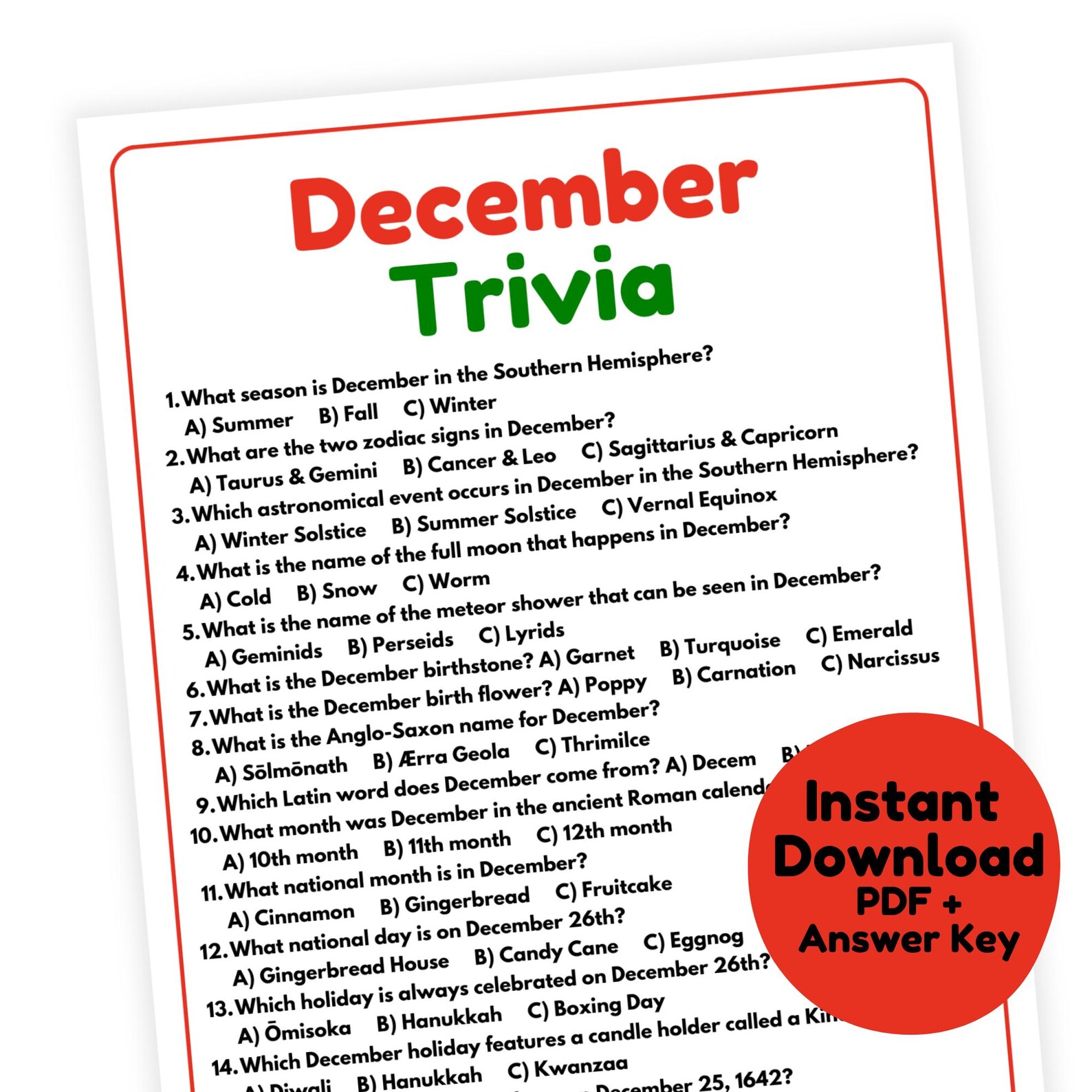 December Trivia Game | December Game Printable | Winter Trivia Game ...
