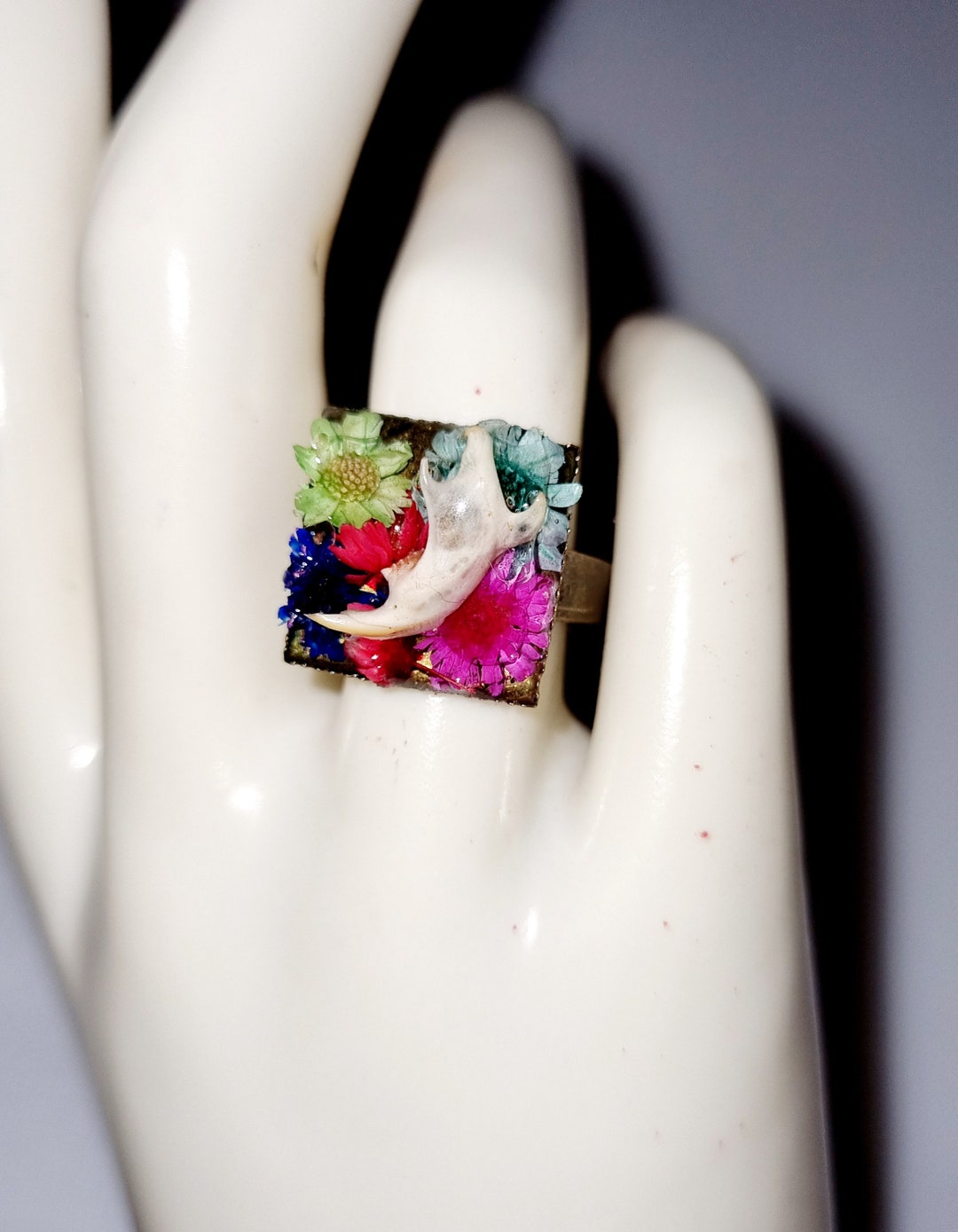 Mouse Jaw Bone and Flower Ring, Gothic Statement Ring, Curio Ring, Real Mouse Bone Ring - Etsy