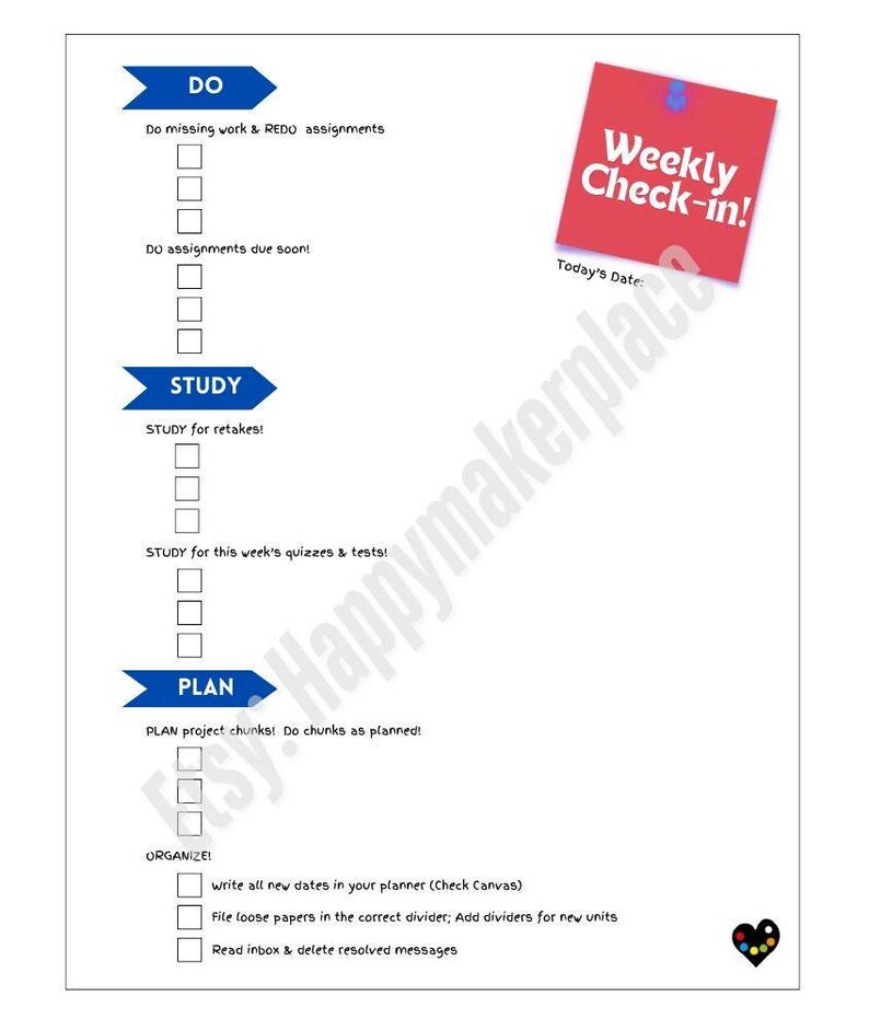 School Weekly Check-in Checklist - Etsy