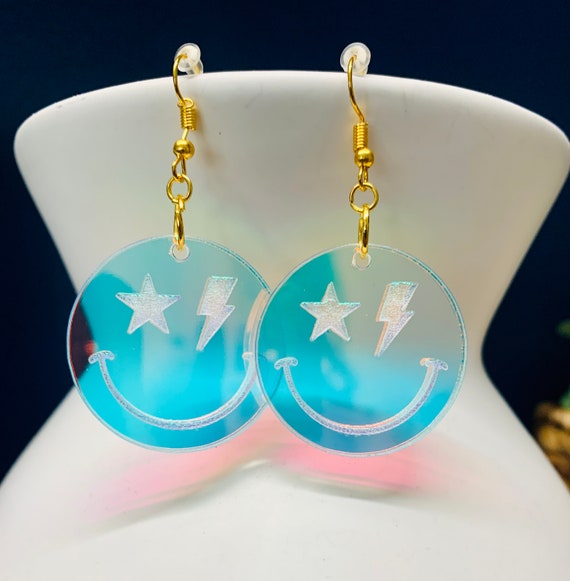 Iridescent Smiley Earrings Star Lightning Bolt Smiley Happy Face Earrings Etsy