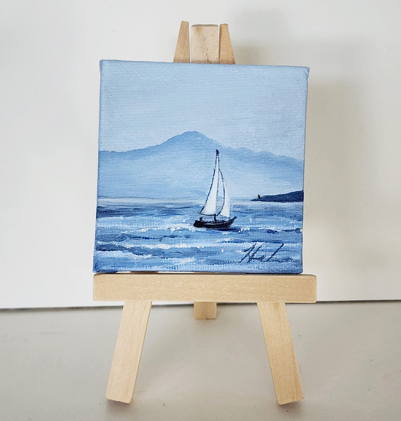 Blue Sailboat, 2.5X2.5 In. Miniature Oil Painting on Tiny Canvas and ...