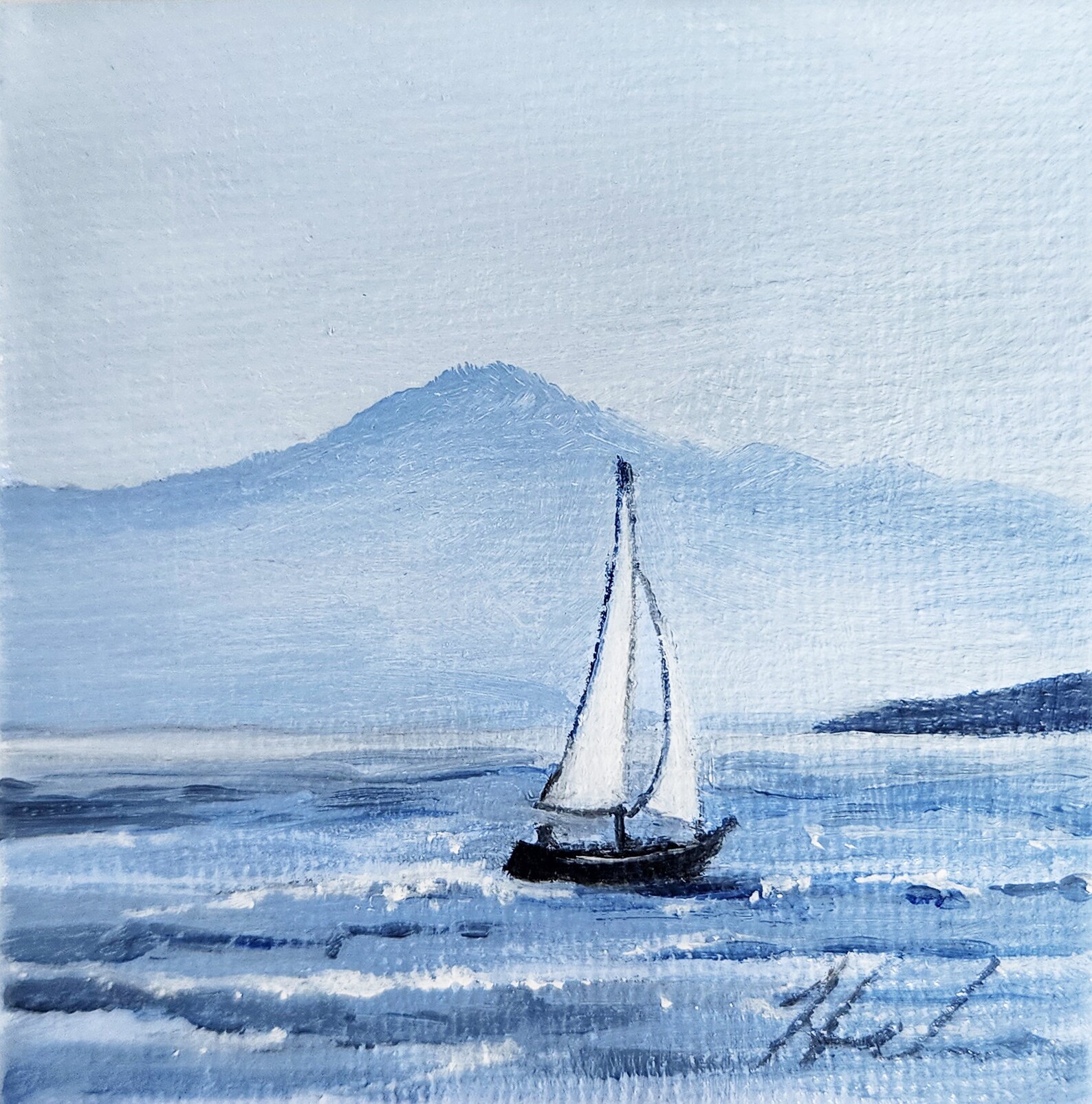 Blue Sailboat, 2.5X2.5 In. Miniature Oil Painting on Tiny Canvas and ...