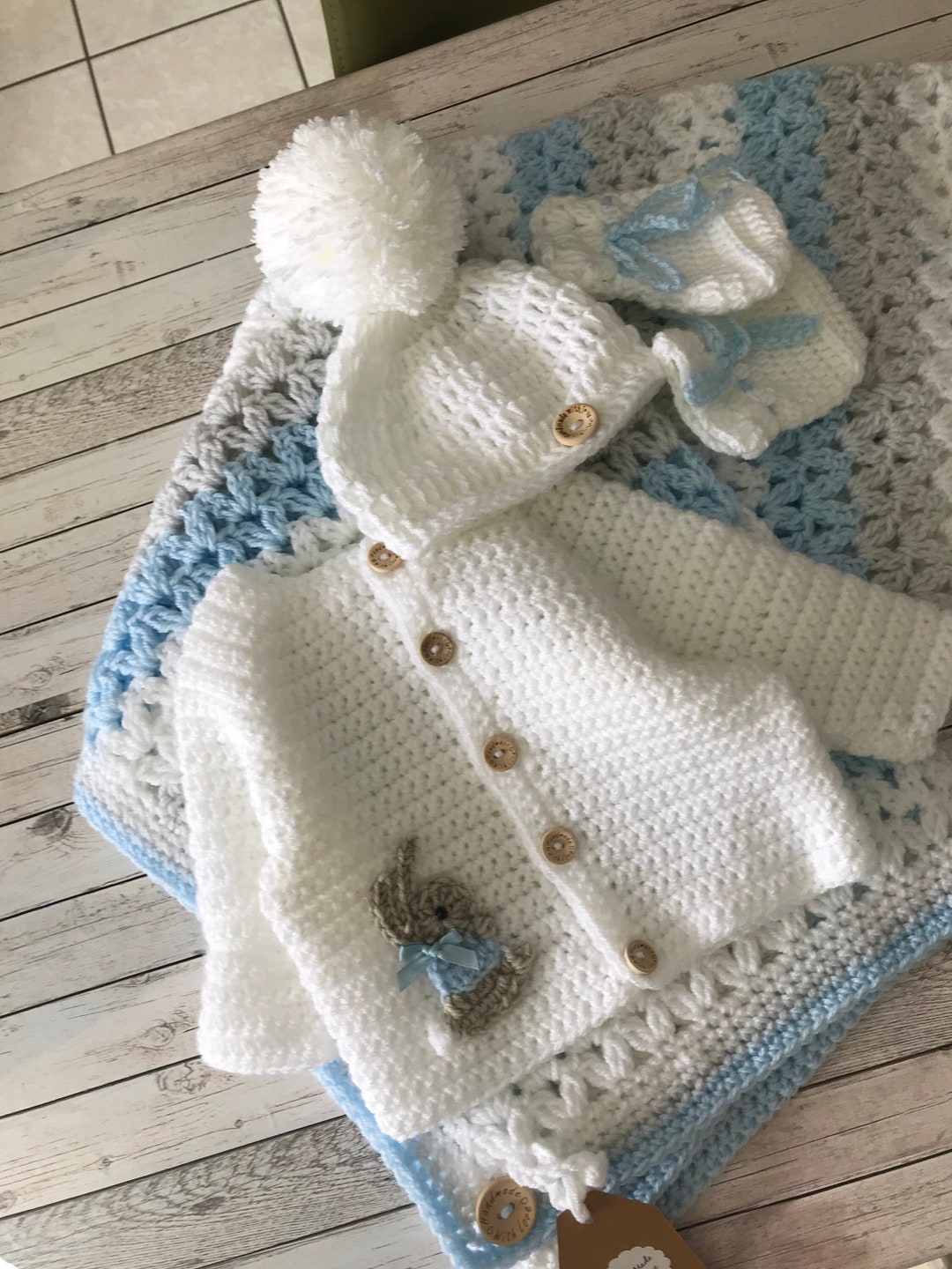 Handmade Bunny Pram Set: Knit Baby Hat, Cardigan, Booties & Pram Rug - Etsy