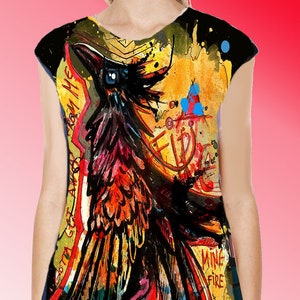 A Line Black Dress With Drawing of Phoenix Fire Bird and Flames Print ...