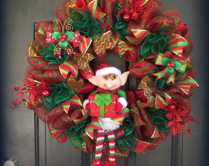 Elf Wreath, Christmas Wreath, Whimsical Wreath, Christmas Deco Mesh ...