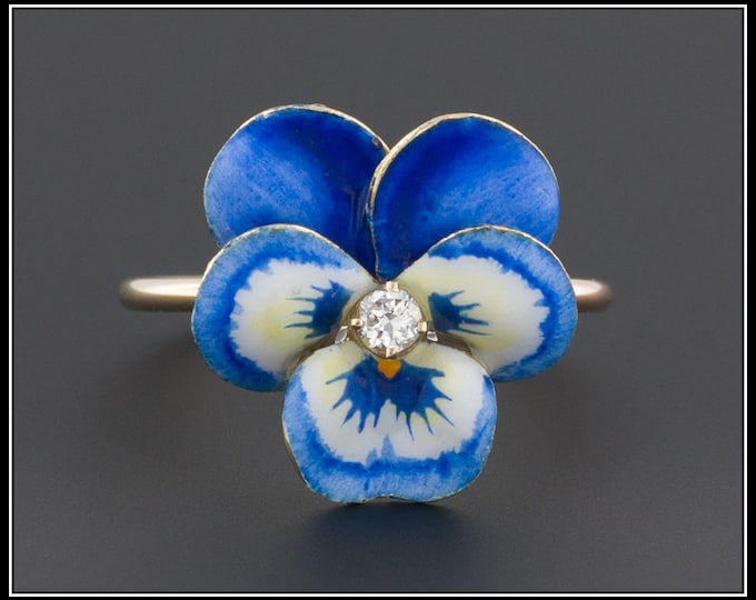 Vintage Enamel & Diamond Pansy Ring, 14k Blue Enamel Flower Ring - Etsy