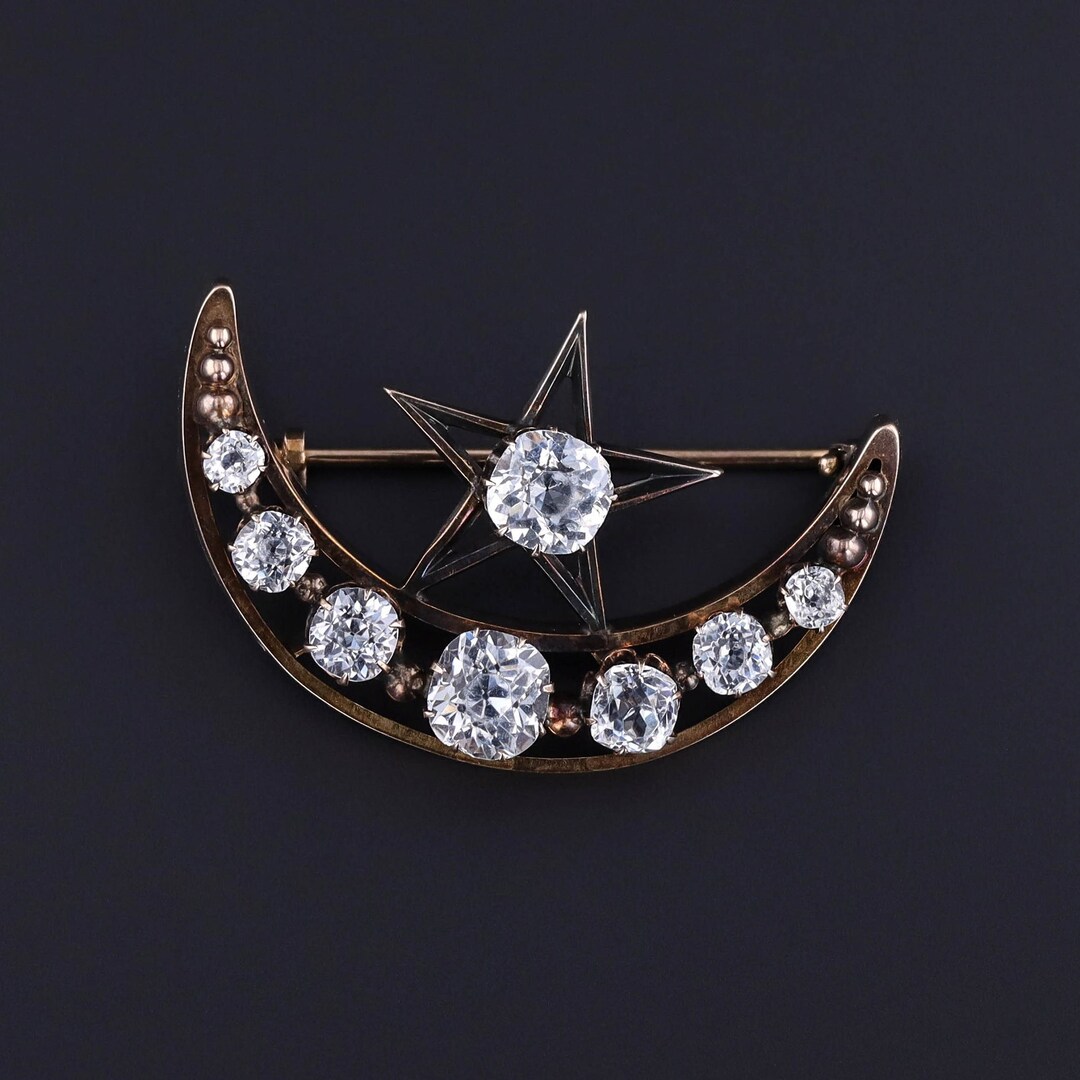 Antique Paste Crescent Moon and Star Brooch of 9ct Gold - Etsy