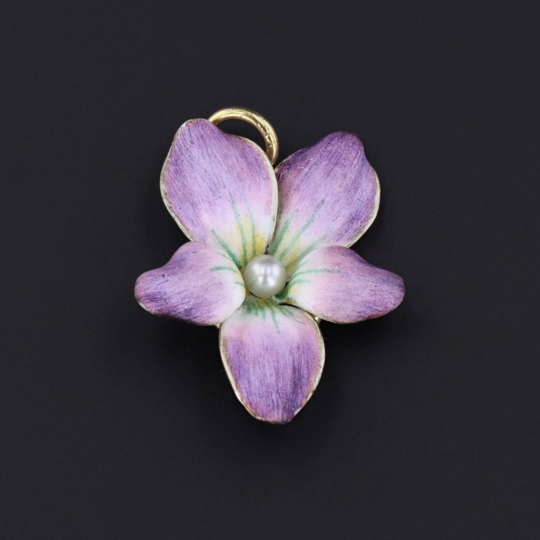 Antique Enamel Violet Pendant of 14k Gold - Etsy