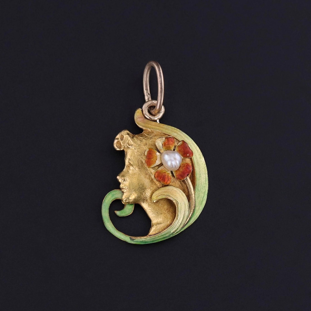 Art Nouveau Enamel Lady Charm of 14k Gold - Etsy