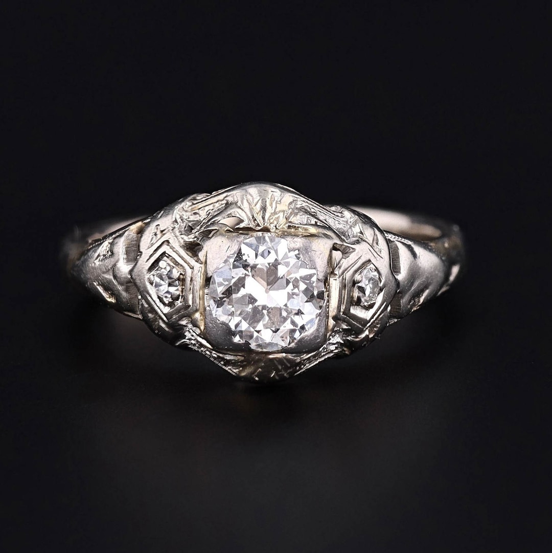 Art Deco Diamond Filigree Ring of 18k White Gold - Etsy