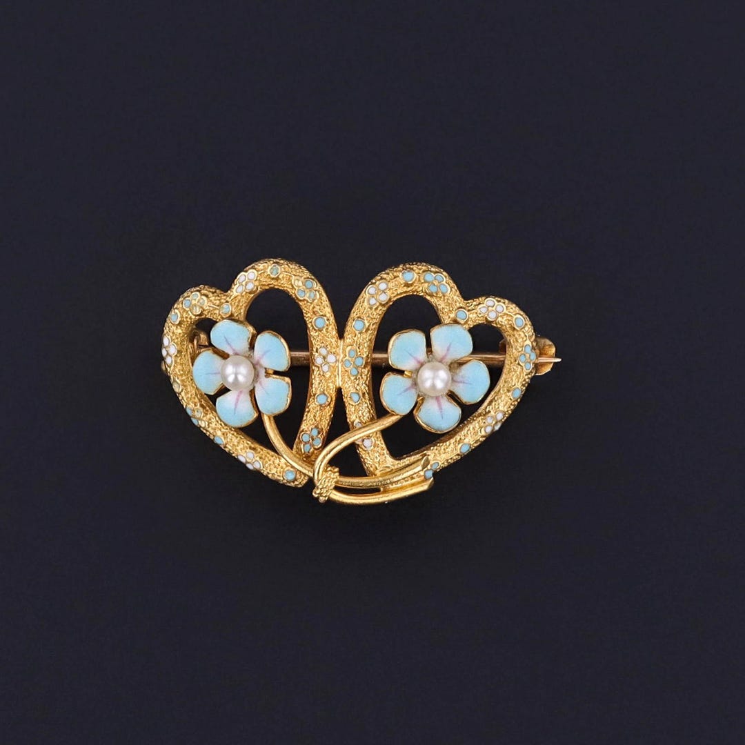 Antique Enamel Forget-me-not Heart Brooch of 14k Gold by Krementz & Co ...
