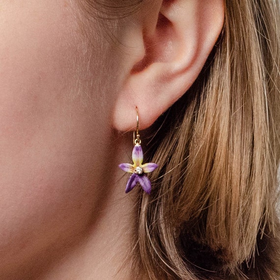Antique Enamel Violet Conversion Earrings of 14k Gold - Gem