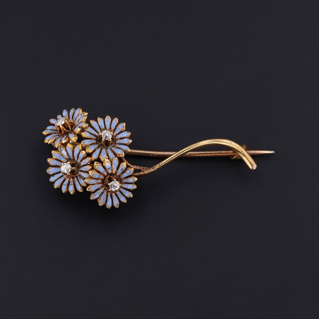 Antique Enamel and Diamond Daisy Brooch of 14k Gold - Etsy