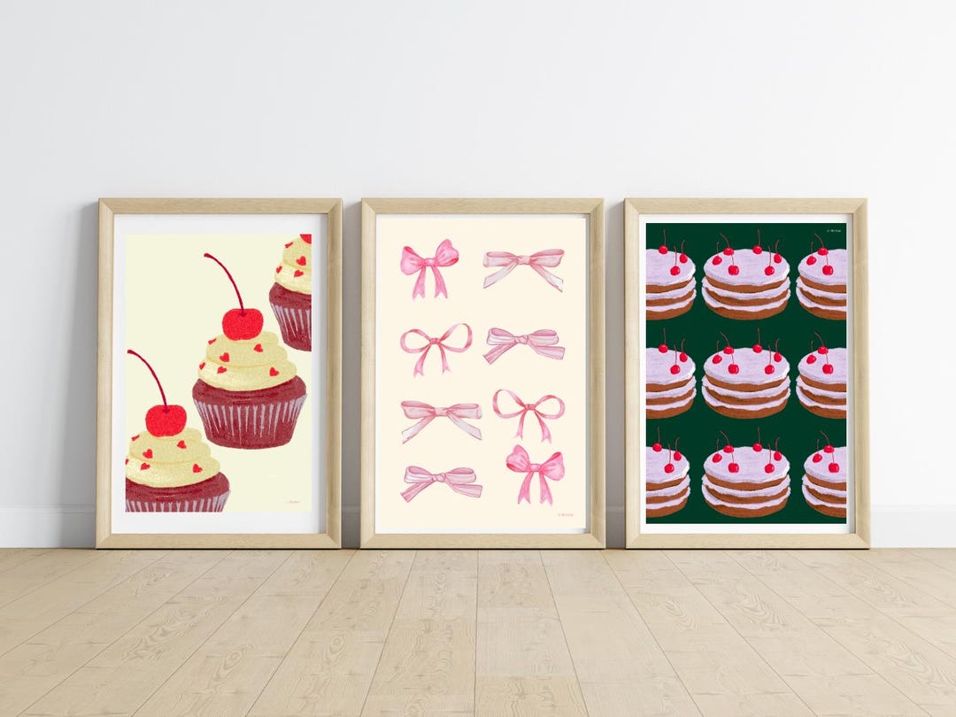 Vintage Cake Art Print, Pink Bows Wall Art, Cute Pink Wall Art, Digital ...